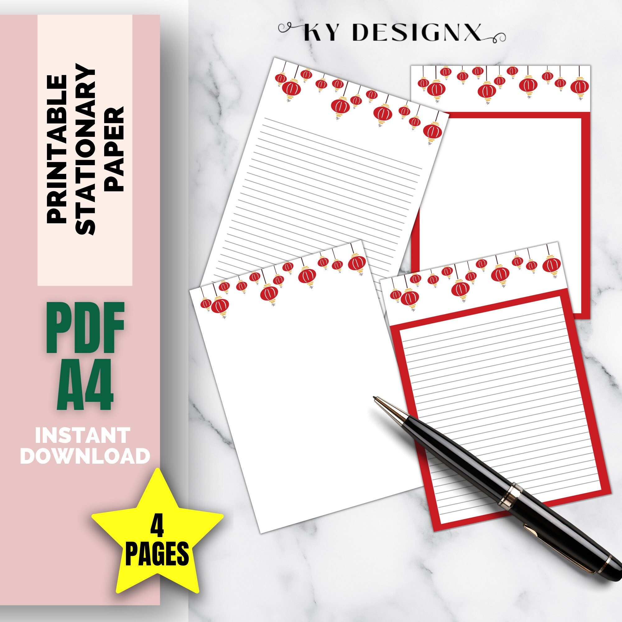 Printable Chinese Style Writing Paper. Lined, Letter Paper, Red Laterns ...