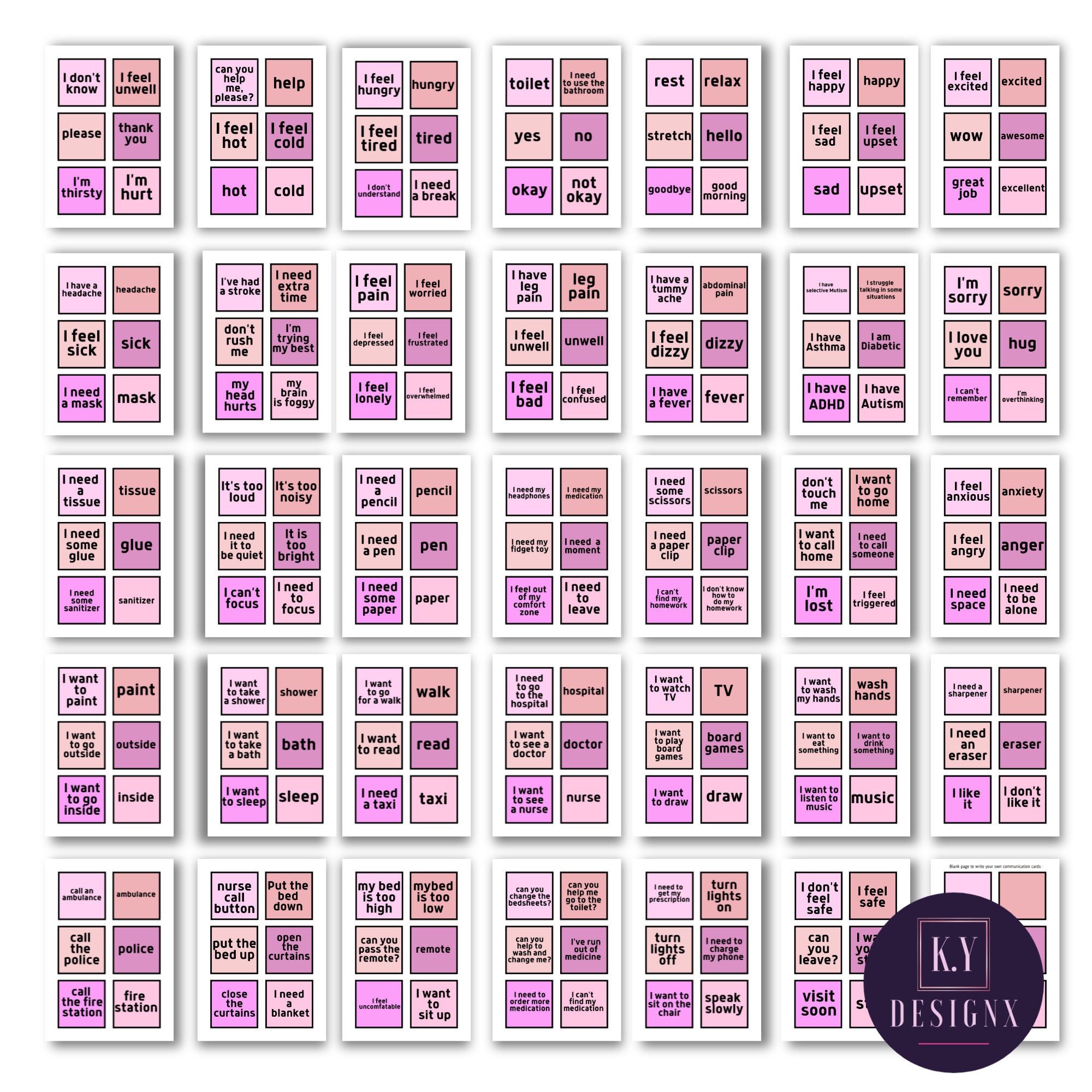 Selective Mutism, 202 Pink Printable Visual Communication Cards, Non ...