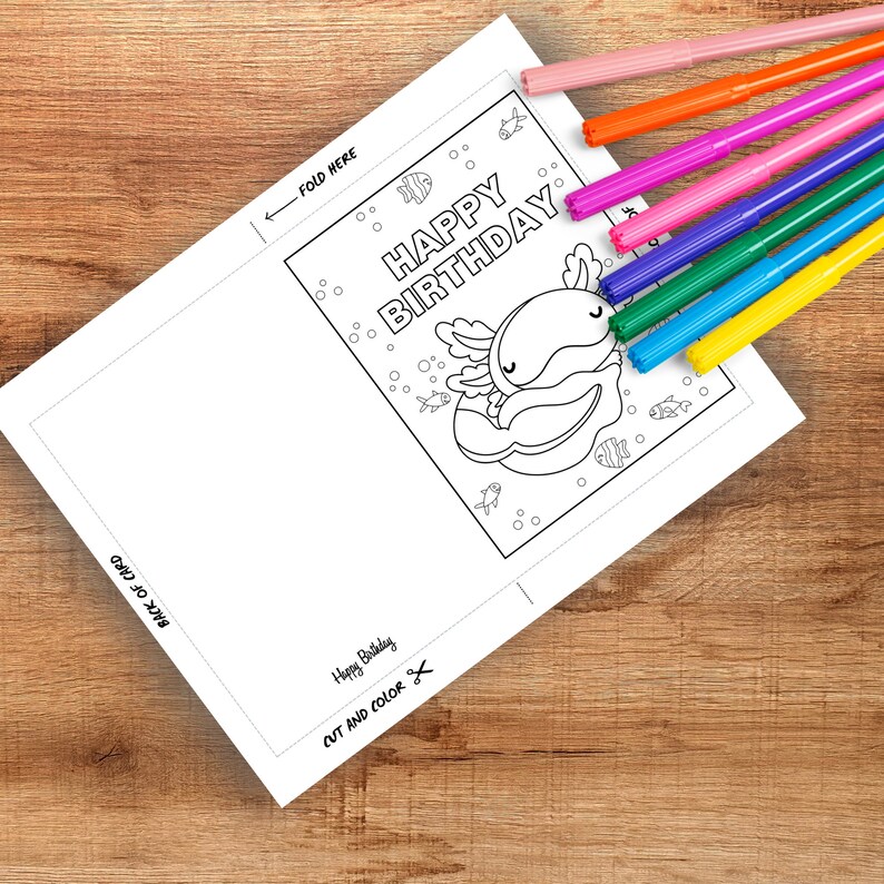 Printable Axolotl BIRTHDAY CARD, Coloring DIY Birthday Card, Instant ...