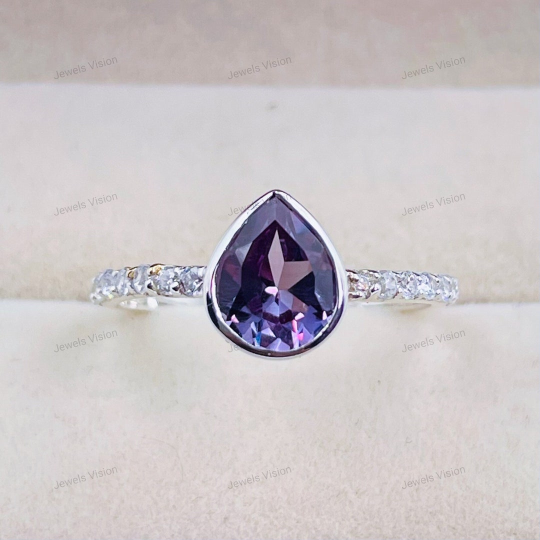 Pear Shaped Alexanderite Engagement Ring White Gold Vintage Moissanite ...
