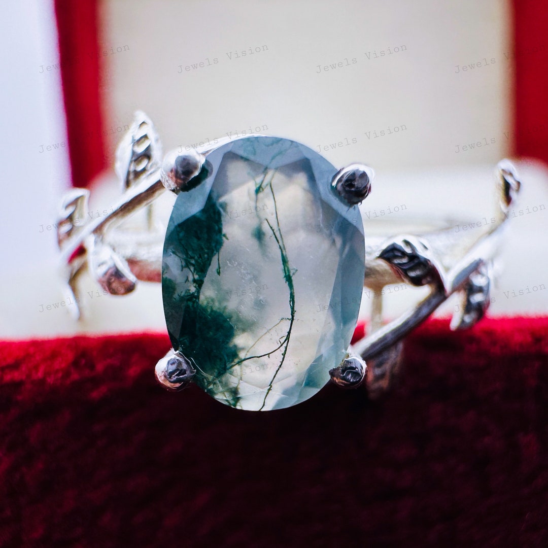 Natural Moss Agate Oval Cut Engagement Ring, Nature Inspired Leaf Mossy Agate Ring, Forest Ring ...