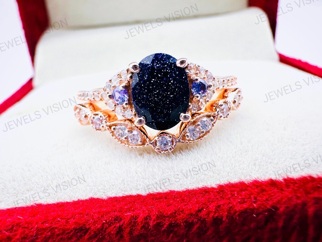 Oval Blue Sandstone Engagement Ring Set 14k Rose Gold Galaxy Sanstone ...