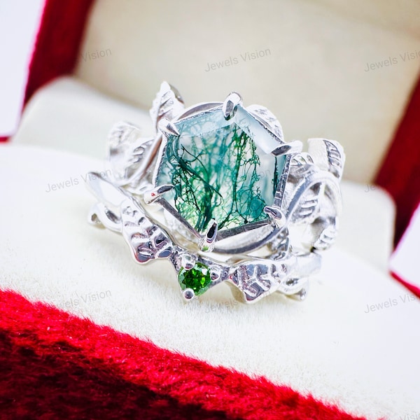 Vintage Moss Agate Ring Set, 925 Sterling Silver Engagement Ring, - Etsy
