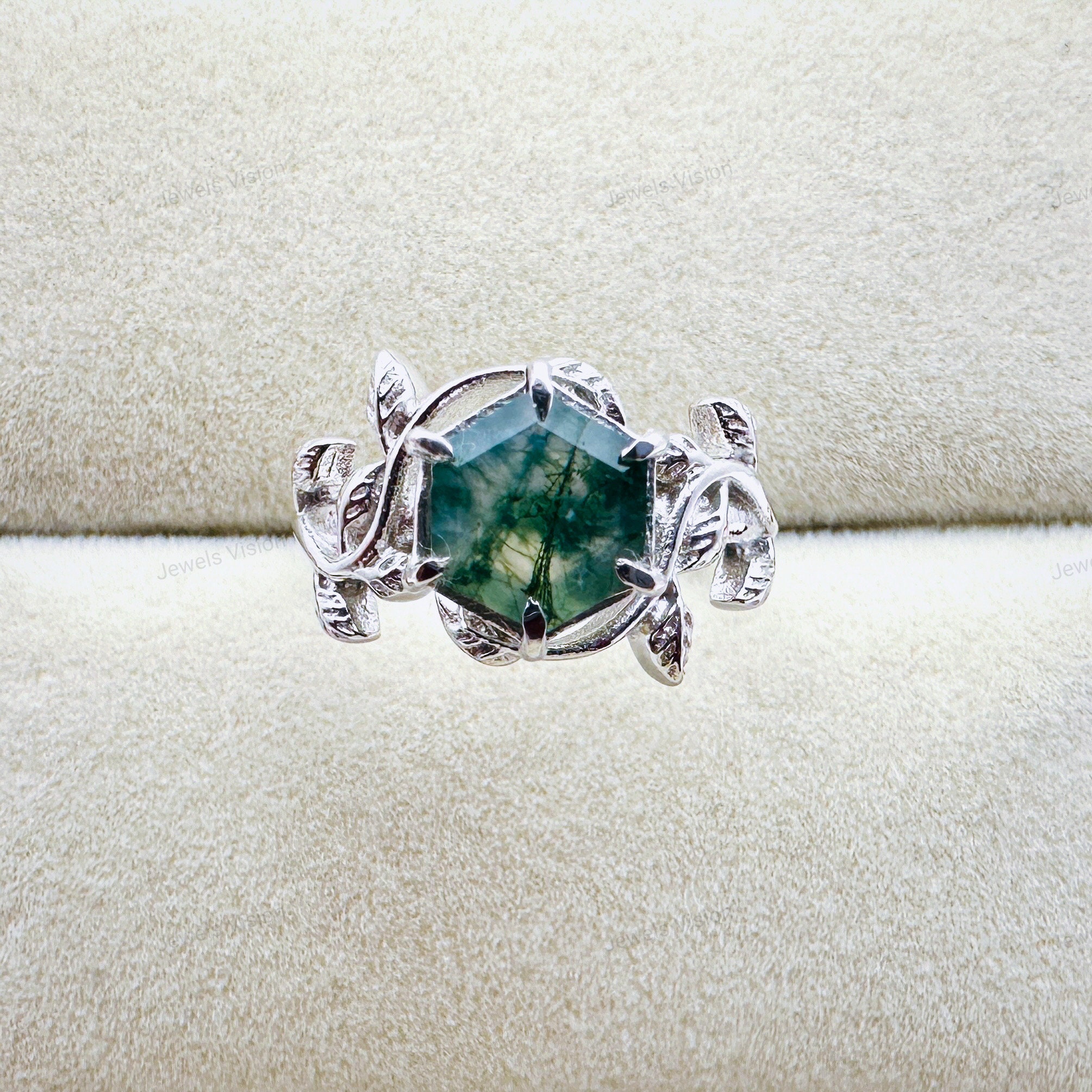 Natural Moss Agate Hexagon Cut Engagement Ring, Nature Inspired Leaf ...