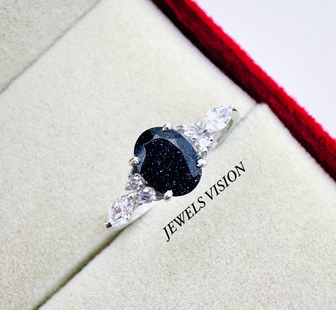 Galaxy Blue Sandstone Engagement Ring 925 Sterling Silver Women Wedding ...