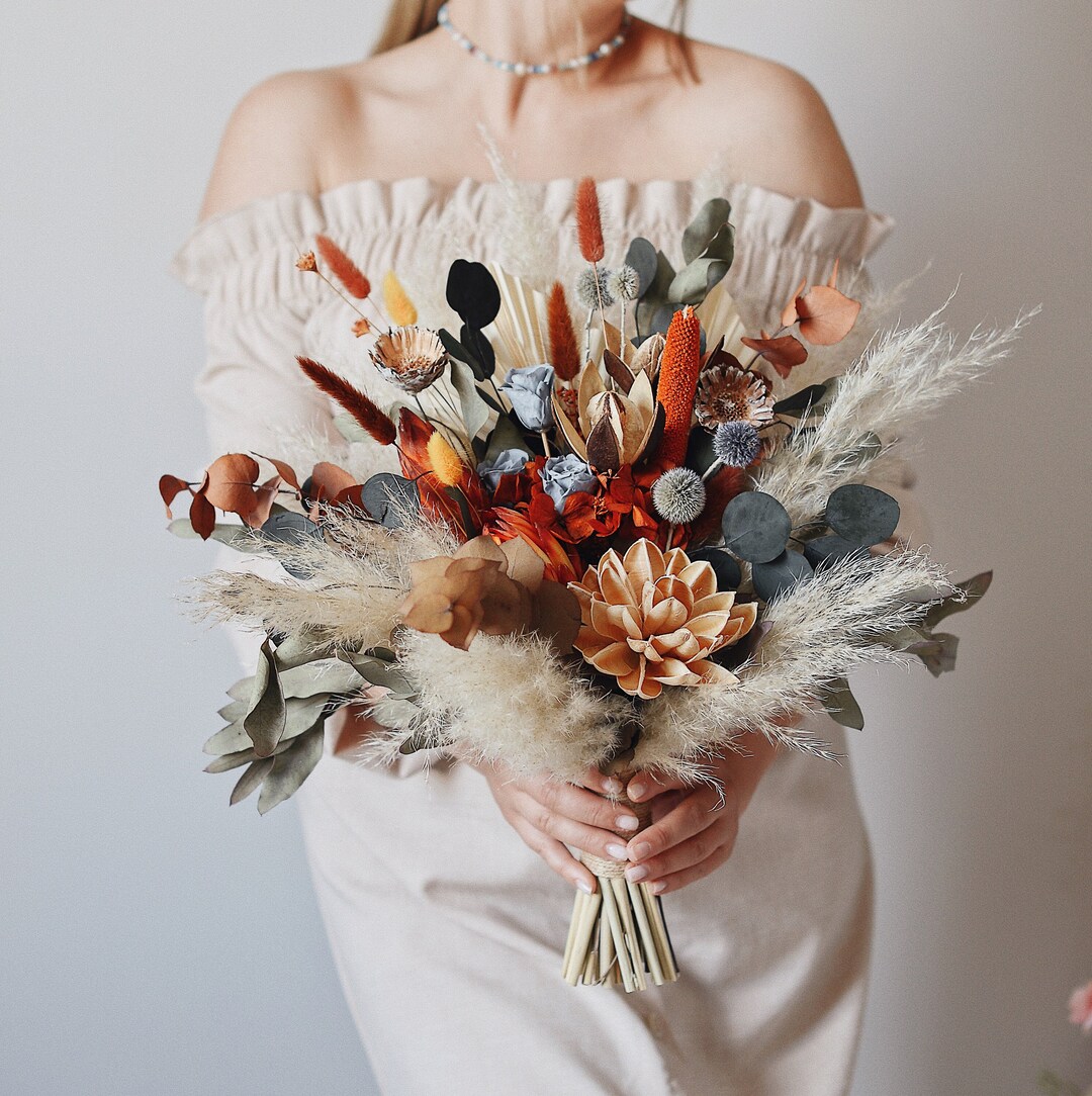 Brides Bouquet Flowers Dusty Blue and Rust Bouquet Bridal - Etsy
