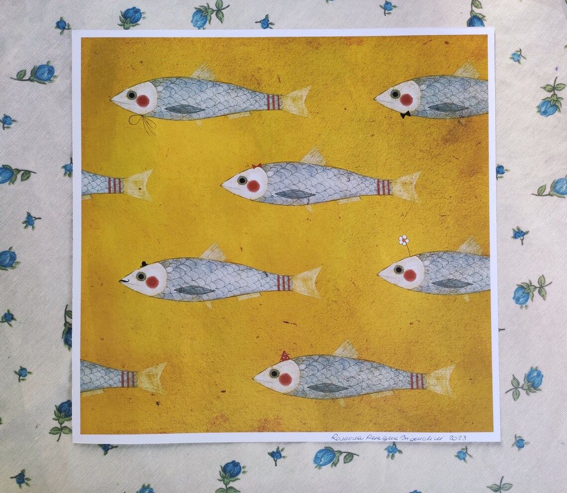 Funny Sardines on Yellow Background Print, Fishes Illustration Print - Etsy
