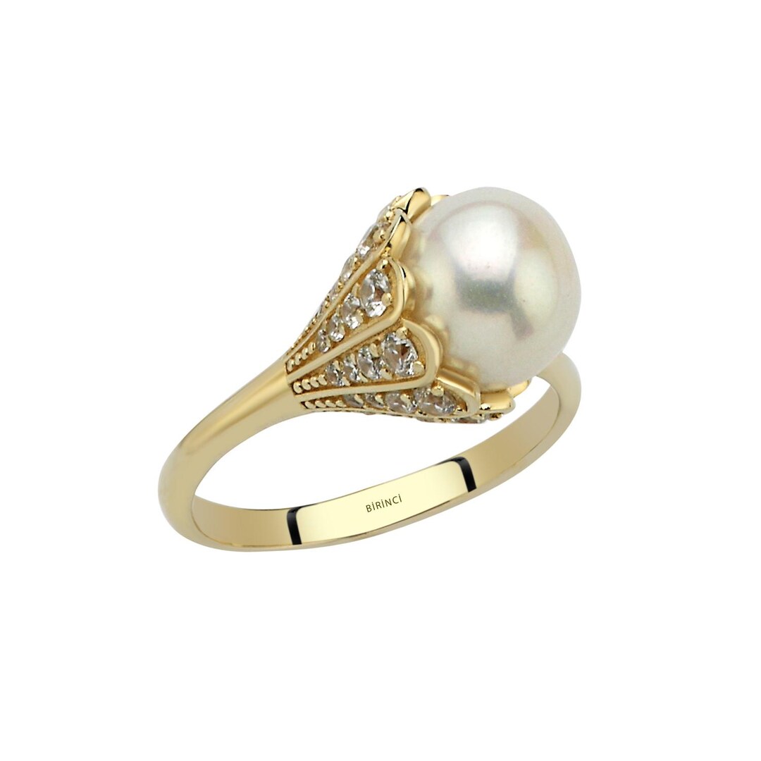 14k Solid Gold Pearl Ring, Dainty Anniversary Gift - Etsy
