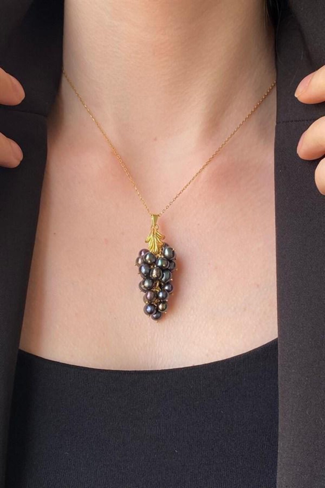 Black Pearl Grape Pendant: 925 Sterling Silver Vine Necklace - Etsy