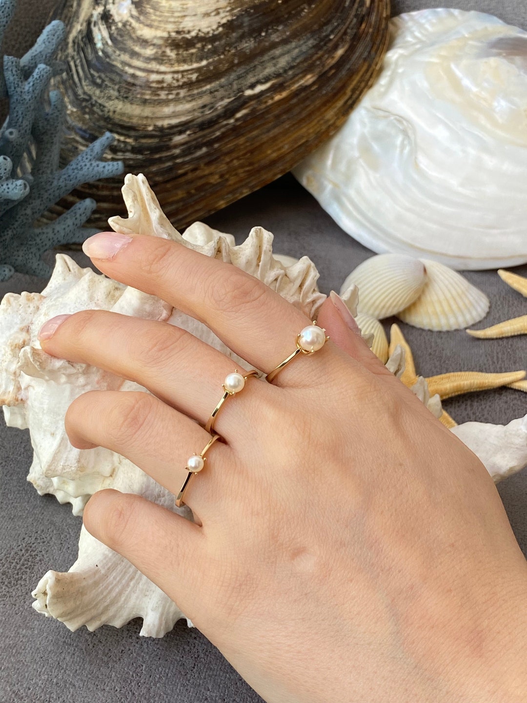 14k Solid Gold Freshwater Pearl Stackable Rings: Minimalist Set of 3 - Etsy