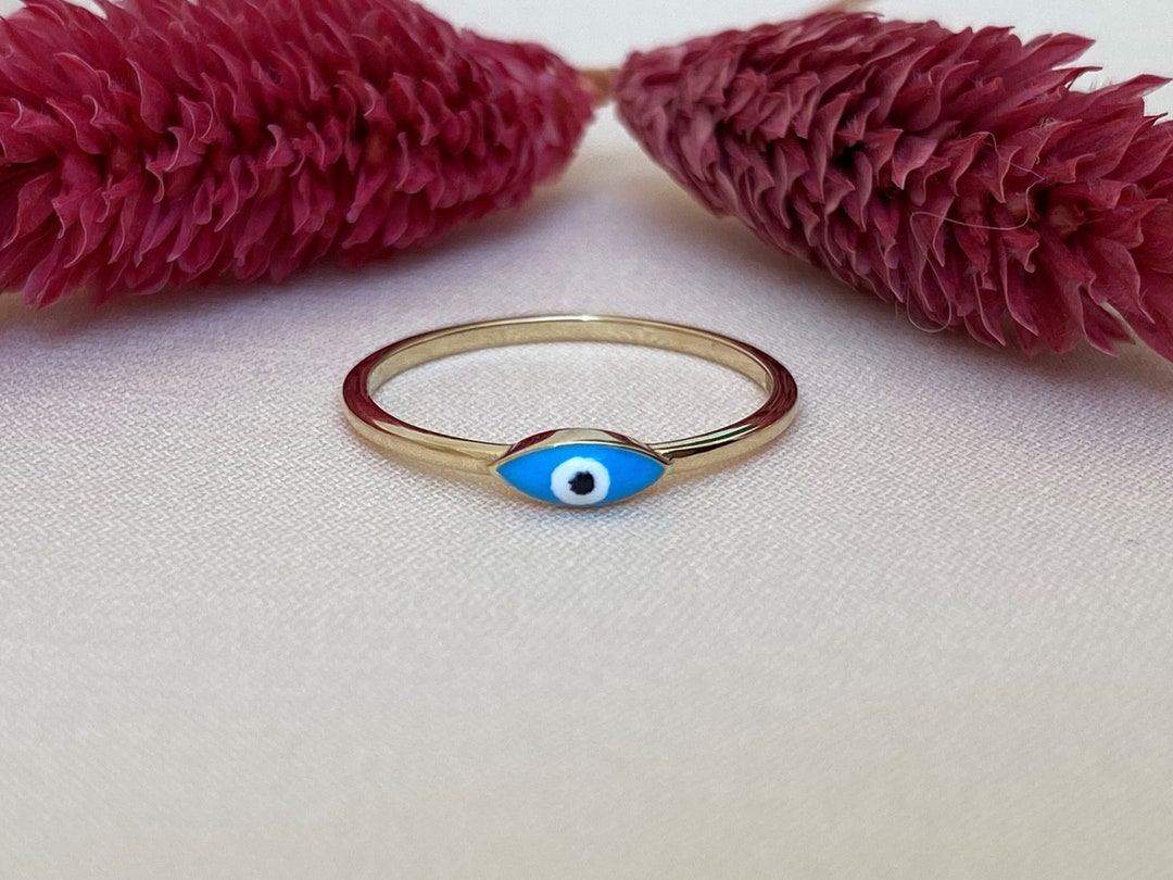 Dainty Blue Evil Eye Ring, 14K Gold Turkish Evil Eye Nazar Ring ...