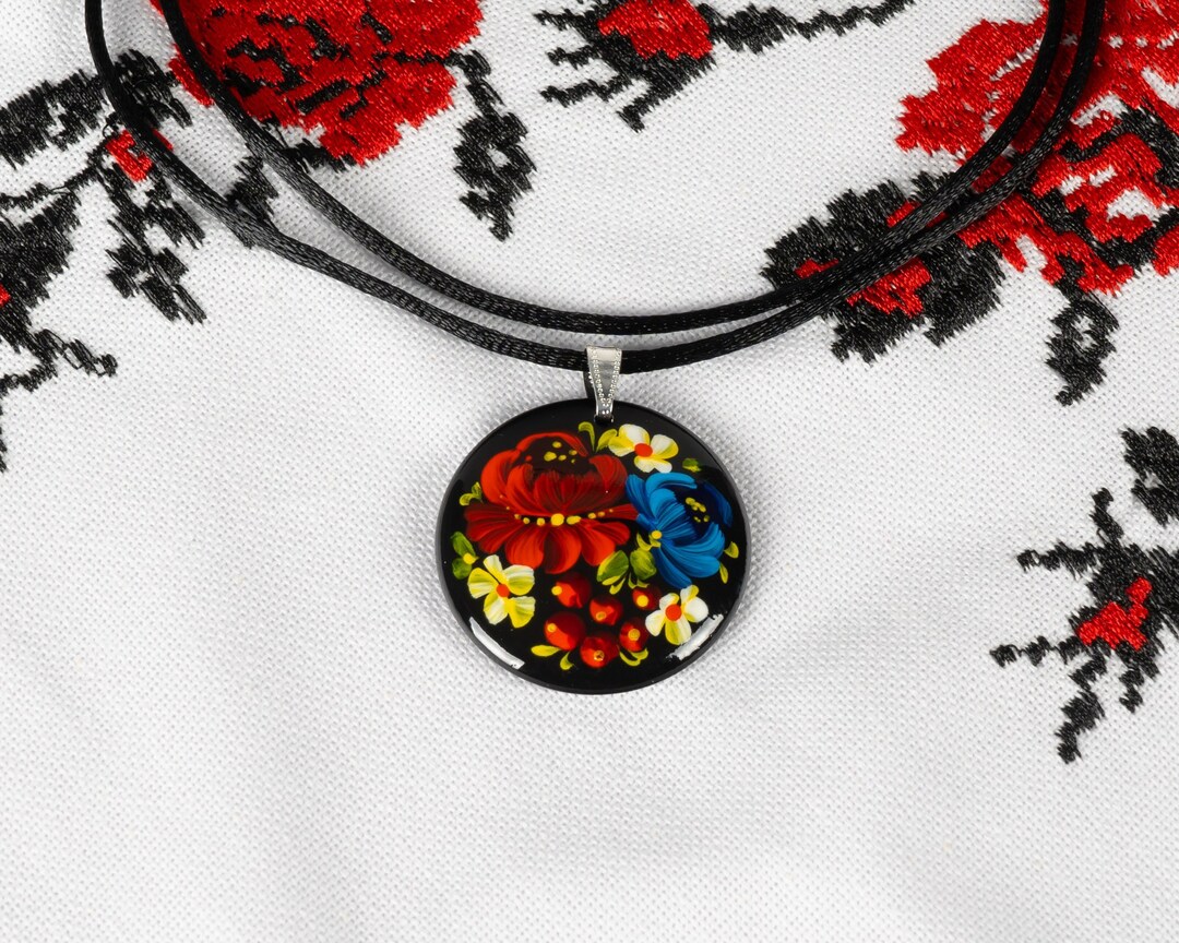 Ukrainian Hand Painted Pendant, Wooden Flower Jewelry Necklace ...