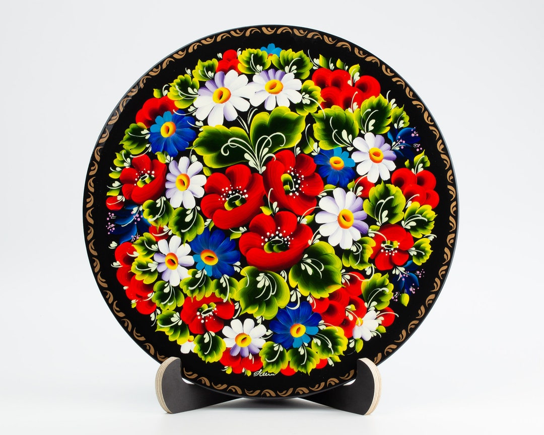 Ukrainian Wooden Wall Decor Plate, Decorative Hand Painted Petrykivka ...