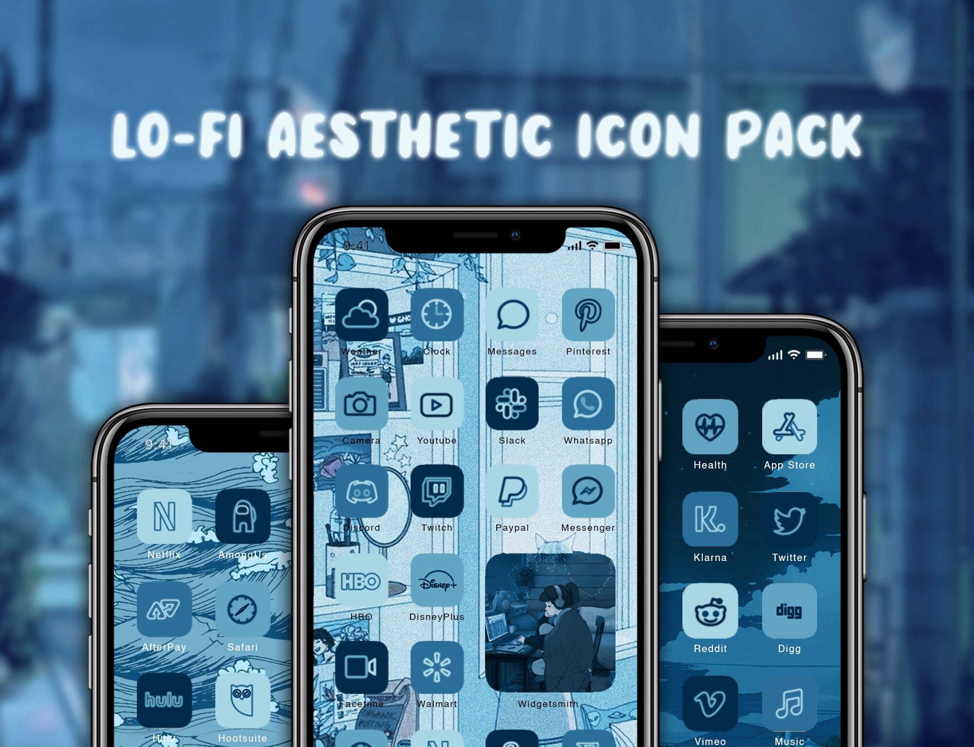 Lo-fi Aesthetic Blue Vibes Ios 14 Covers Neon Icon Theme | Etsy