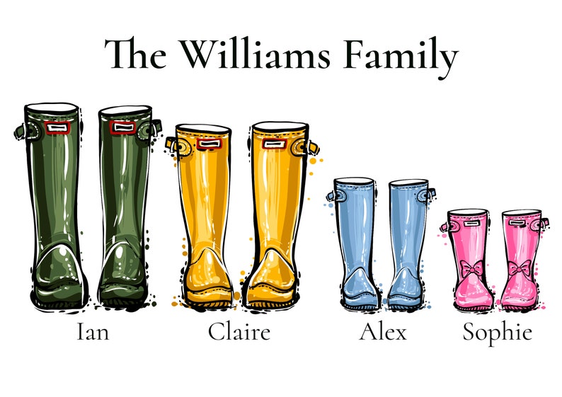 Personalised Family Wellies Print Family Welly Print Personalised ...