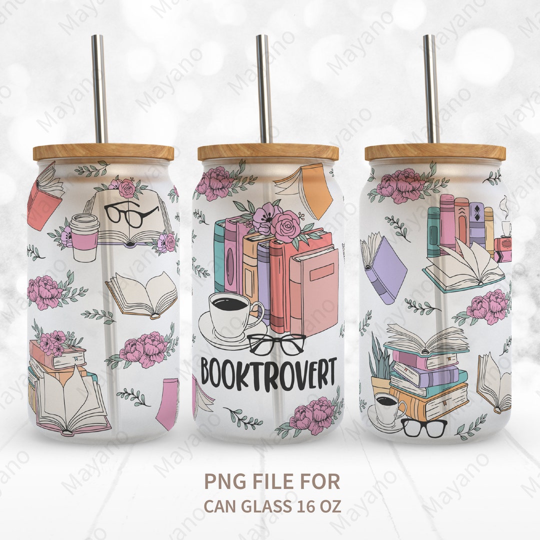 Booktrovert PNG, Floral Book, DIY for 16 Oz Libbey Glass Can Tumbler ...