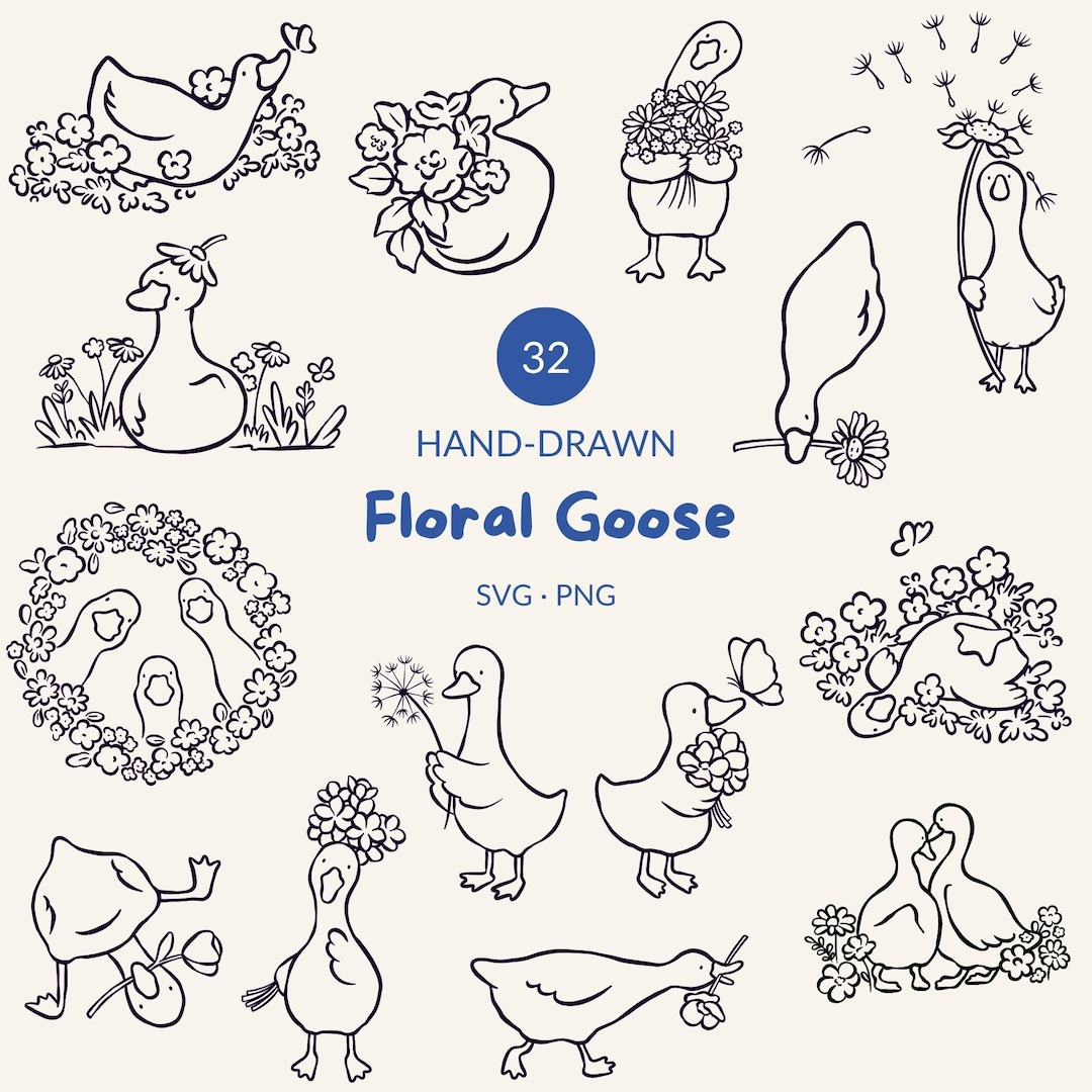 Floral Goose Clipart Bundle, Hand Drawn Goose SVG PNG, Flower Goose ...