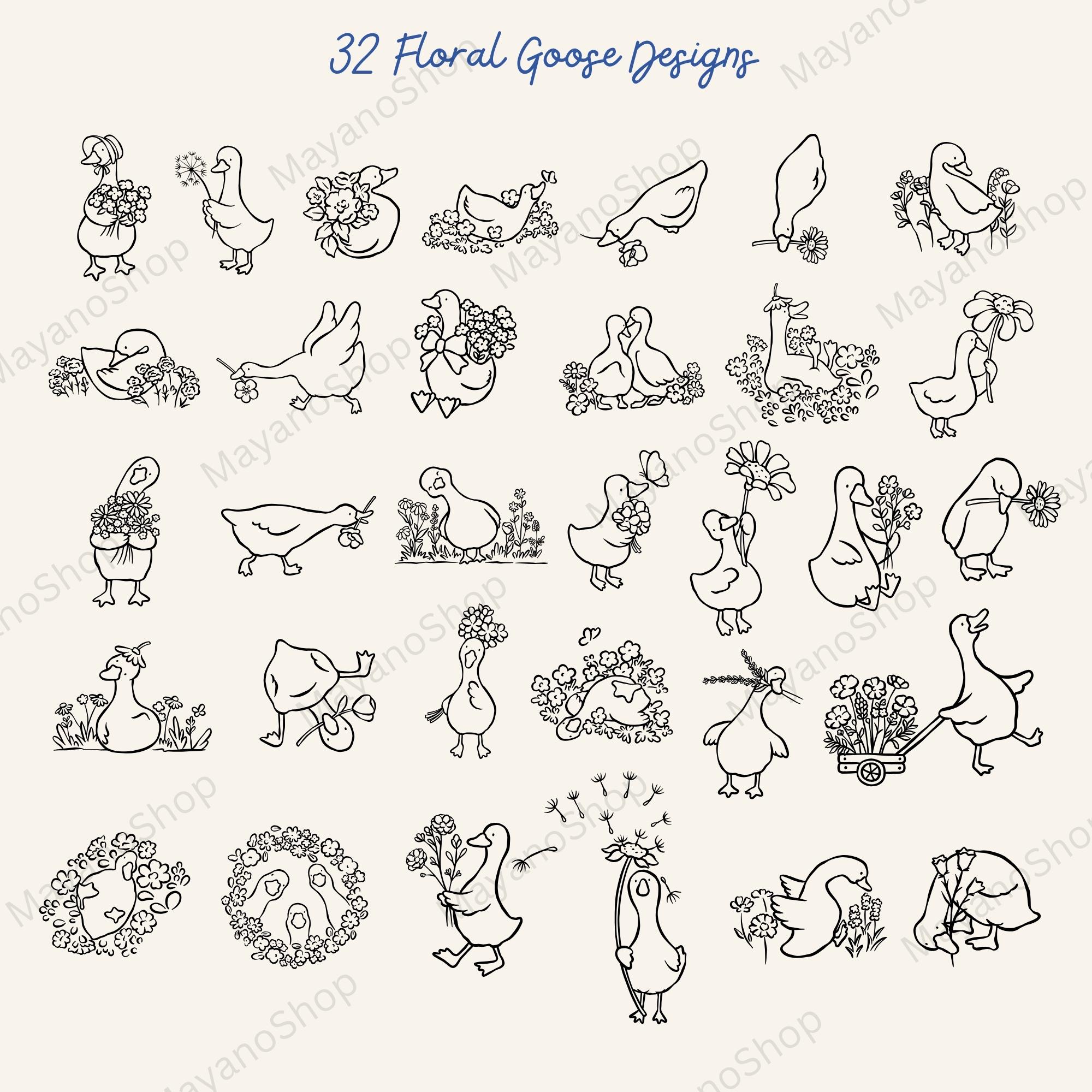 Floral Goose Clipart Bundle, Hand Drawn Goose SVG PNG, Flower Goose ...