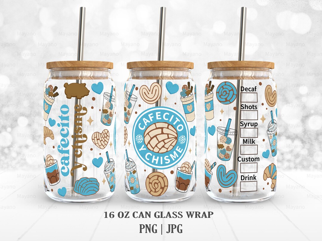Blue Cafecito Y Chisme 16 Oz Libbey Glass Can Wrap Png Sublimation