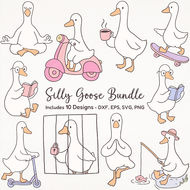 Silly Goose SVG Bundle – 10 Funny Line Art Designs, Cute Goose Clipart ...