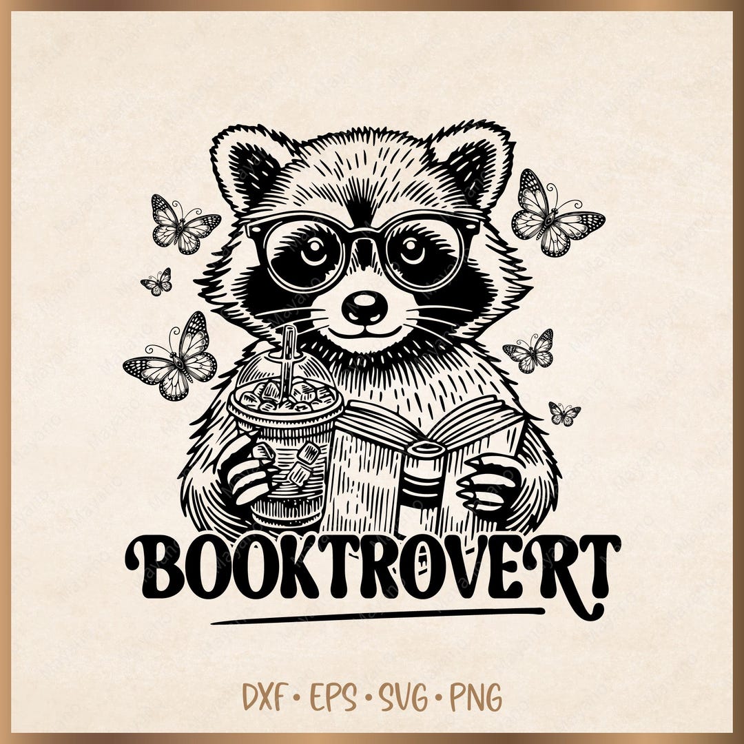 Booktrovert PNG SVG, Reading Raccoon Book Lover, Funny Bookish PNG ...