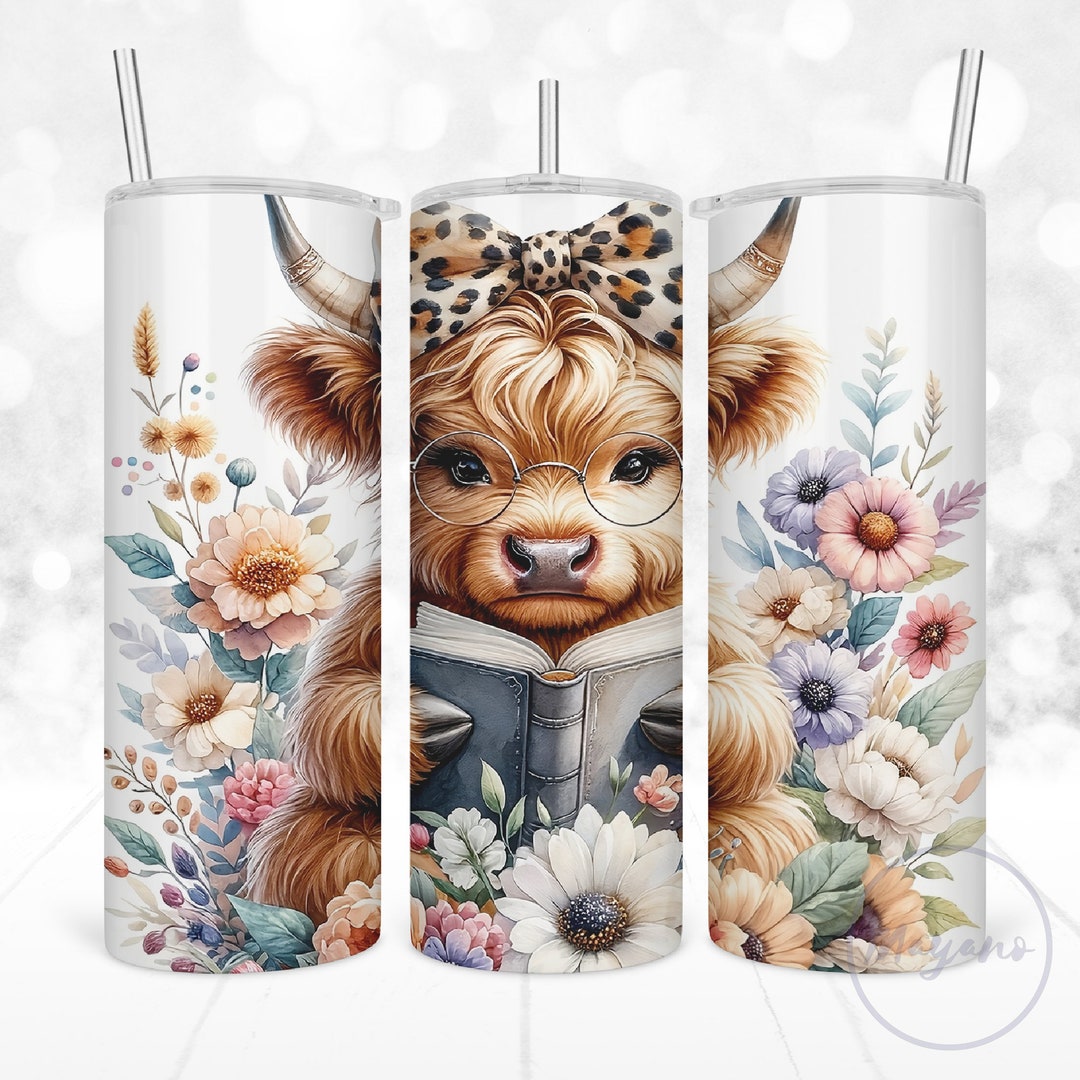 Cute Highland Cow Reading a Book With Flowers Oz Skinny Tumbler PNG ...