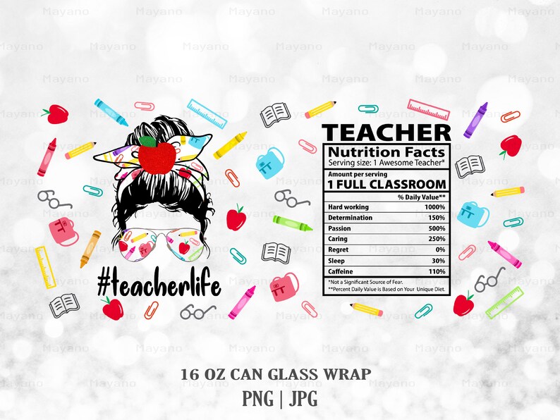 Teacher Nutrition Facts PNG, DIY for 16 Oz Libbey Glass Can Tumbler ...