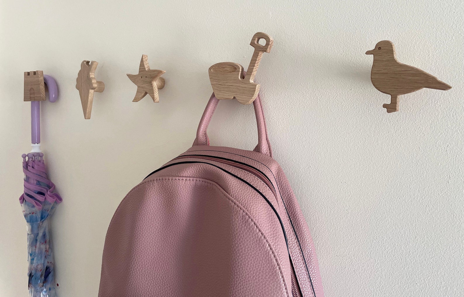 Beach Theme Wall Hooks, Set of 5 Coat Hooks, Solid Oak Wood, Hallway ...