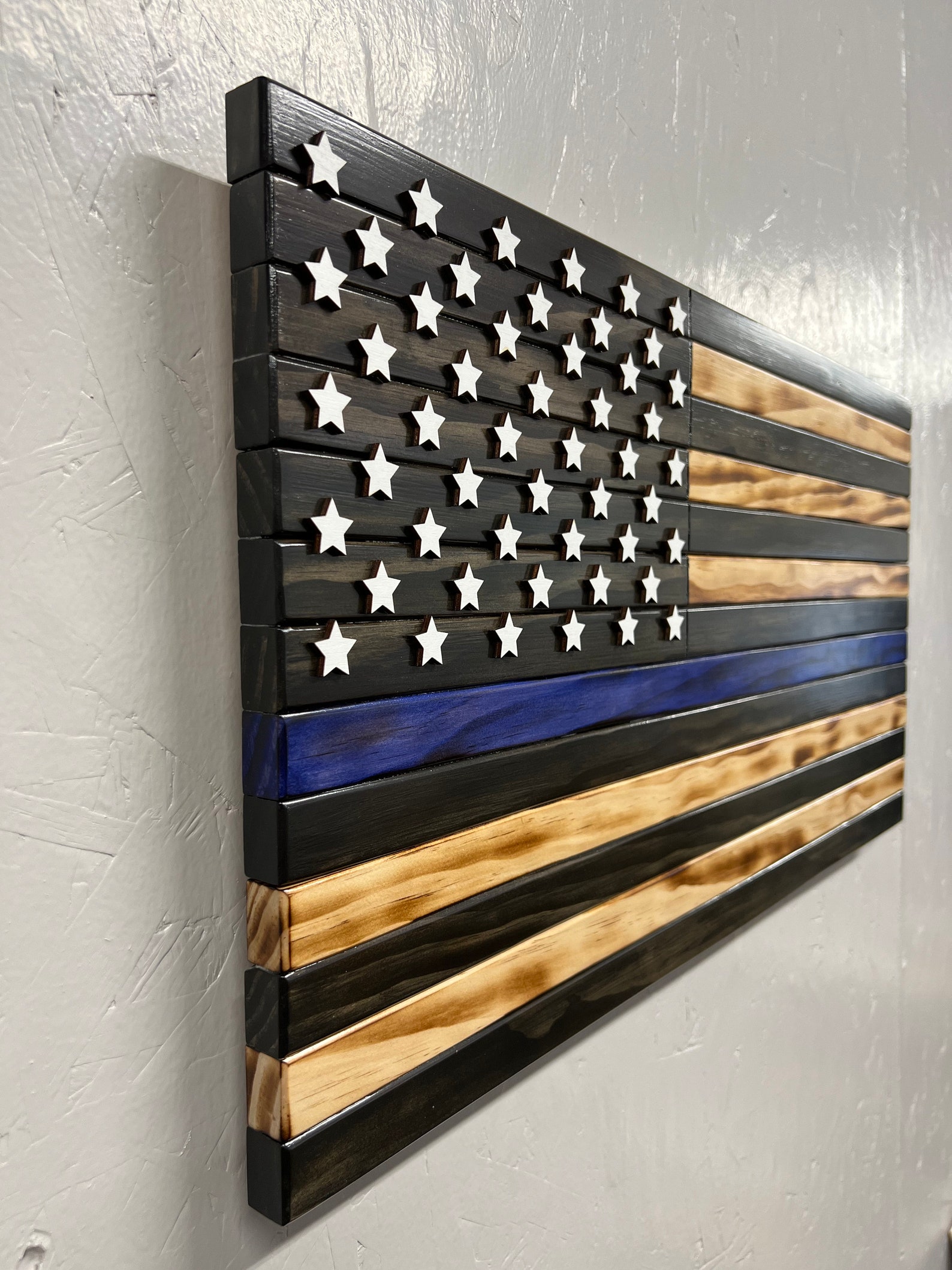 Charred Thin Blue Line Flag | Wooden American Flag, Law Enforcement ...