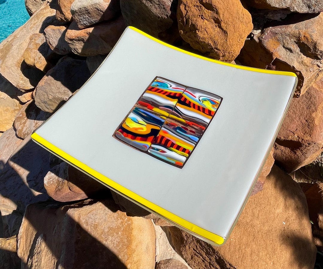 Multi-colored Fused Glass Patternbar Platter Gray & Yellow - Etsy