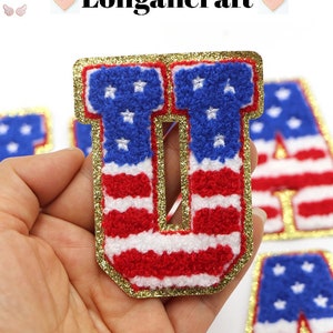 USA Letter Patch, 3.1 Inch Letter Chenille Patch Set, Glitter American Flag Letter Chenille ...