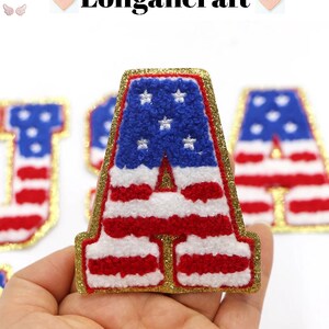 USA Letter Patch, 3.1 Inch Letter Chenille Patch Set, Glitter American Flag Letter Chenille ...