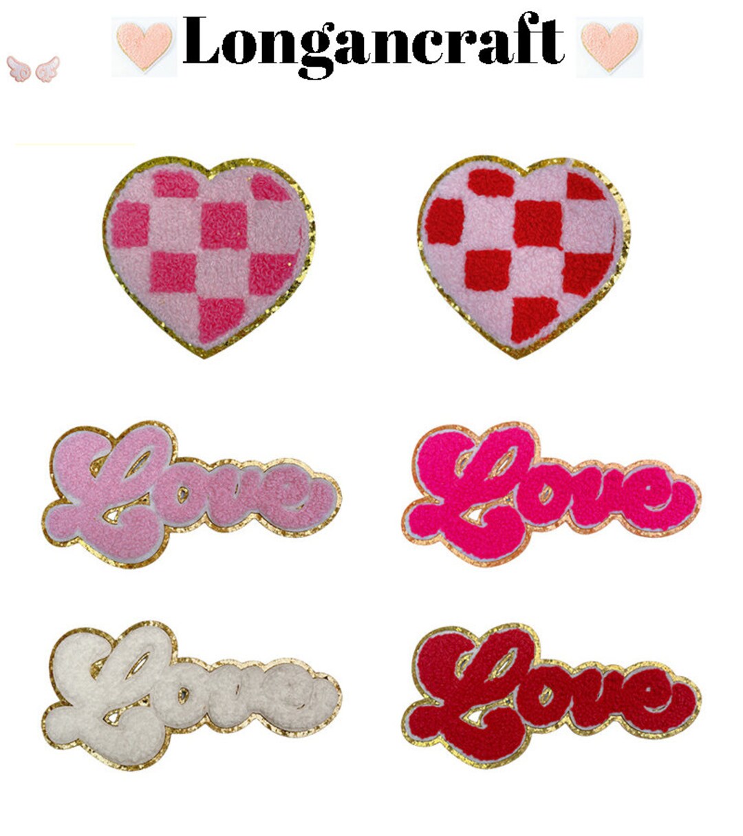 2.6 Inch Love Chenille Glitter Patch, Letter Patch, Plaid Heart Patch, Gold Glitter Embroidered ...