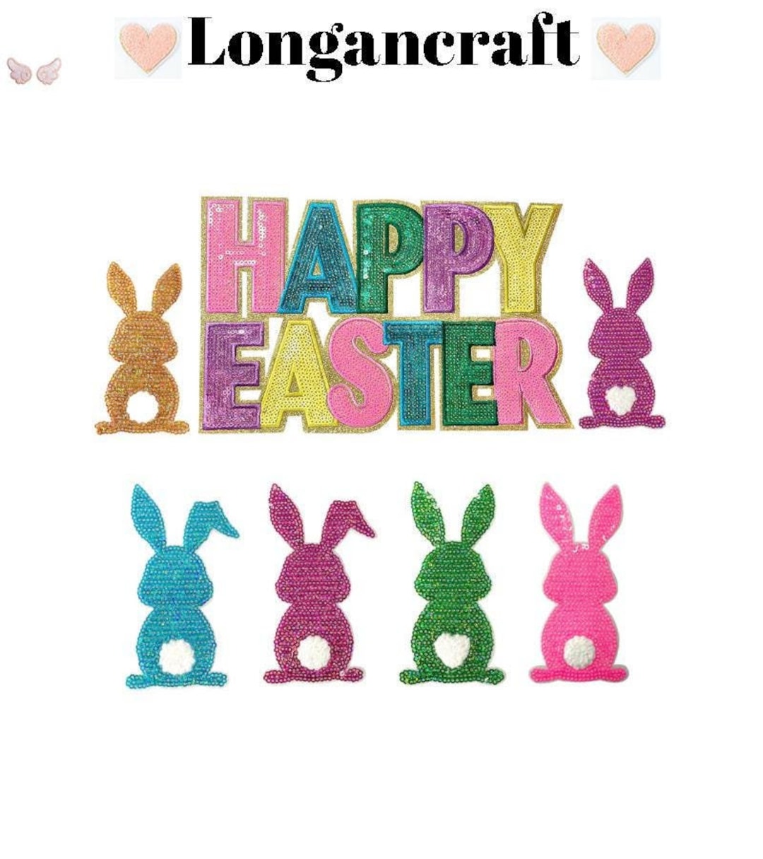 Happy Easter Rabbit Sequin Embroidery Patch, Bunny Patch, Glitter ...