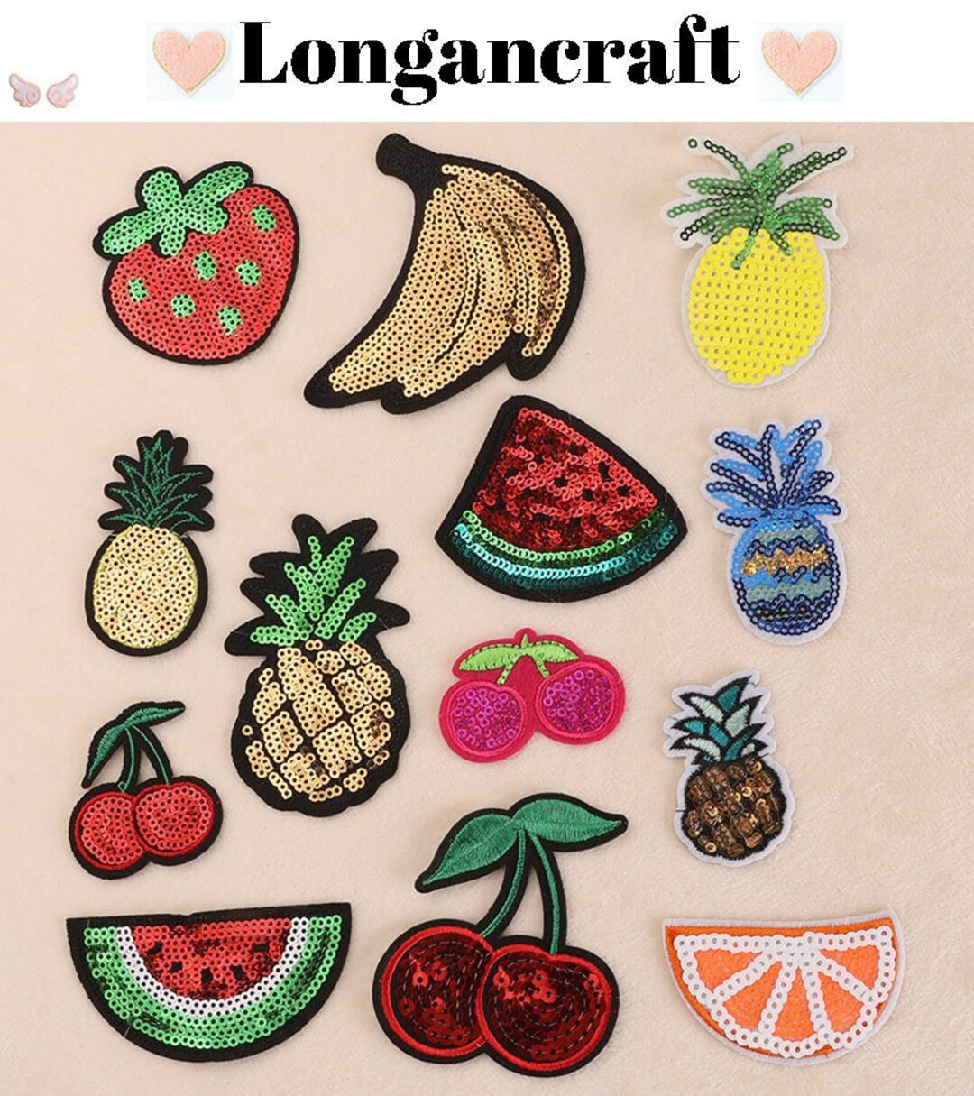 Sequin Fruit Embroidery Patch, Cherry, Lemon, Watermelon, Straberry, Pineapple, Glitter Sequins ...
