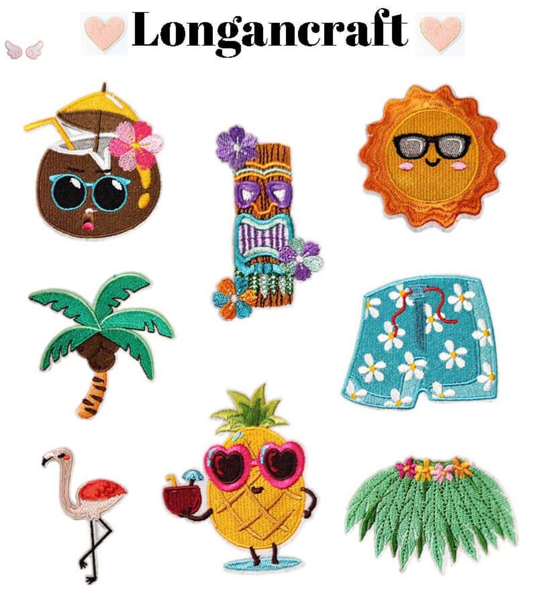 Beach Iron on Patch, Tropical Embroidery Applique, Palm, Sun, Pineapple ...