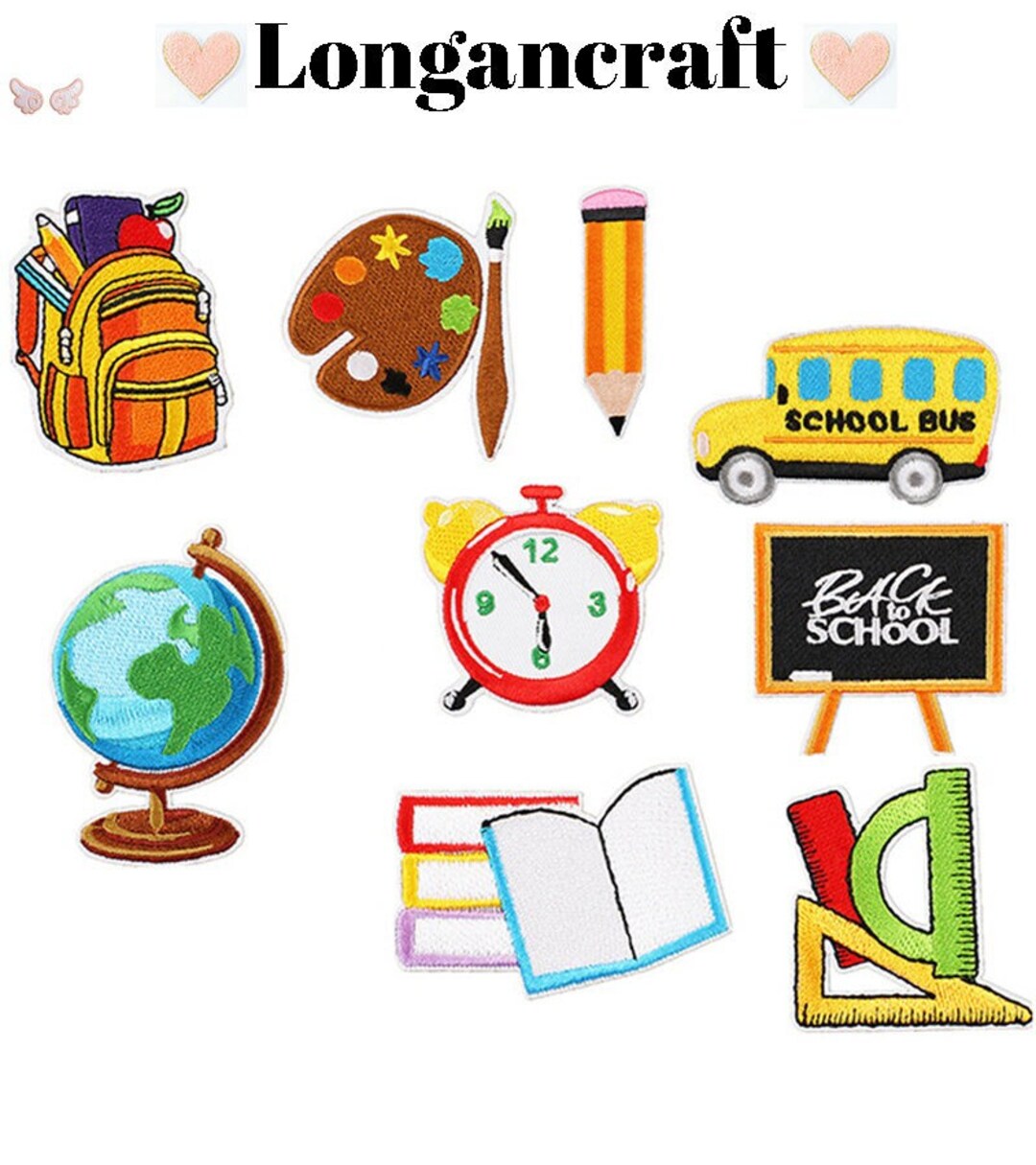 School Elements Embroidery Patch, Book Patch, Ruler Patches, School Bus ...