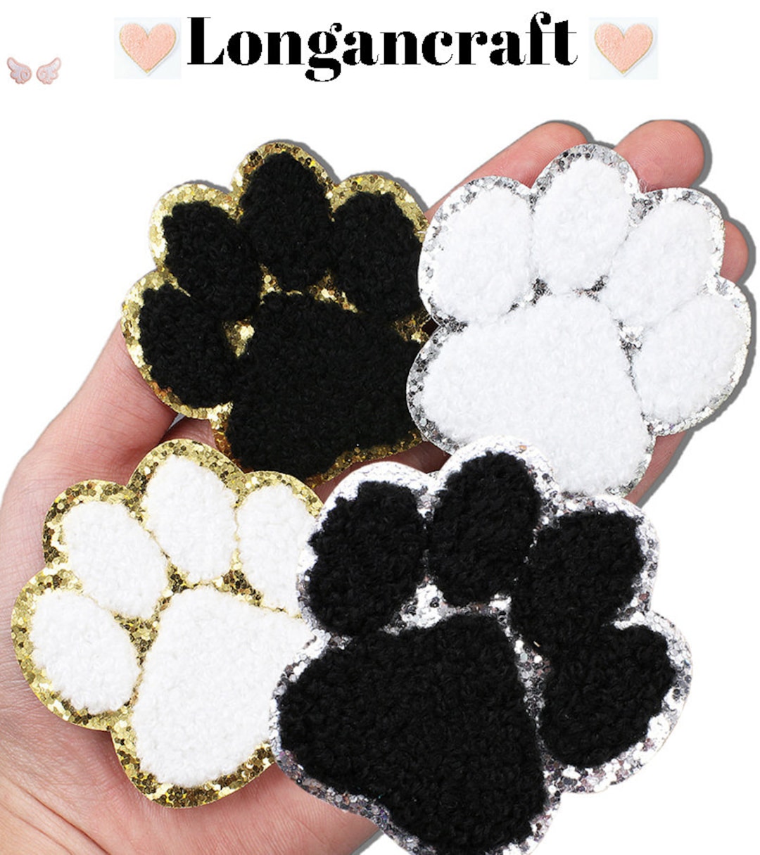 Cat Paw Chenille Glitter Patch, Black Paw Patch, Silver Glitter ...