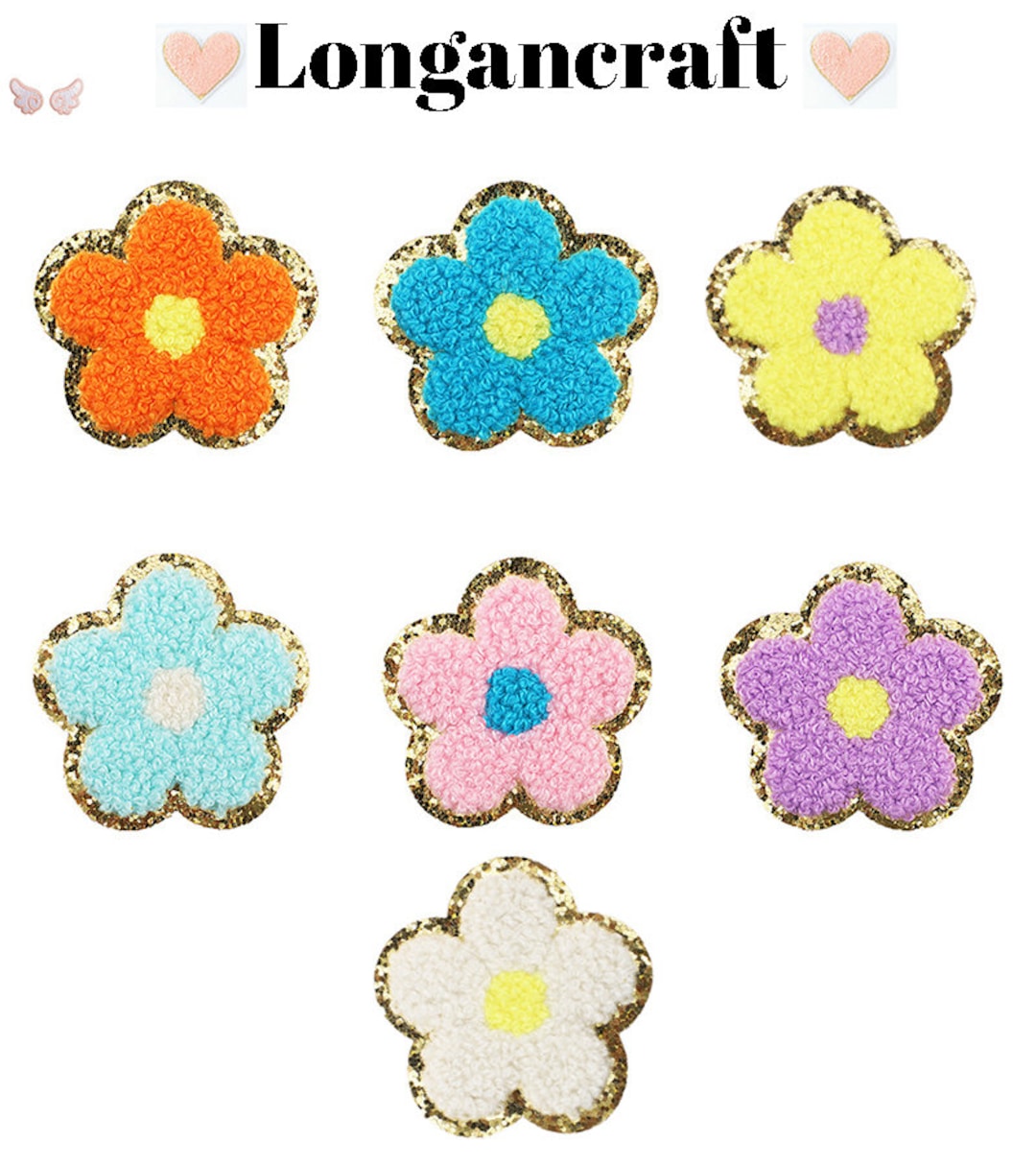 Flower Chenille Glitter Patch, Color Patch, Gold Glitter Embroidered ...