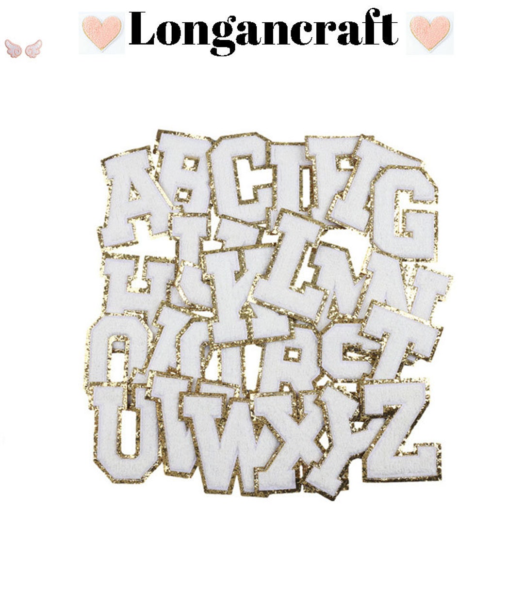 White Letter Chenille Embroidered Patch, 3.1 Inch Gold Glitter Iron on ...