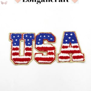 USA Letter Patch, 3.1 Inch Letter Chenille Patch Set, Glitter American Flag Letter Chenille ...