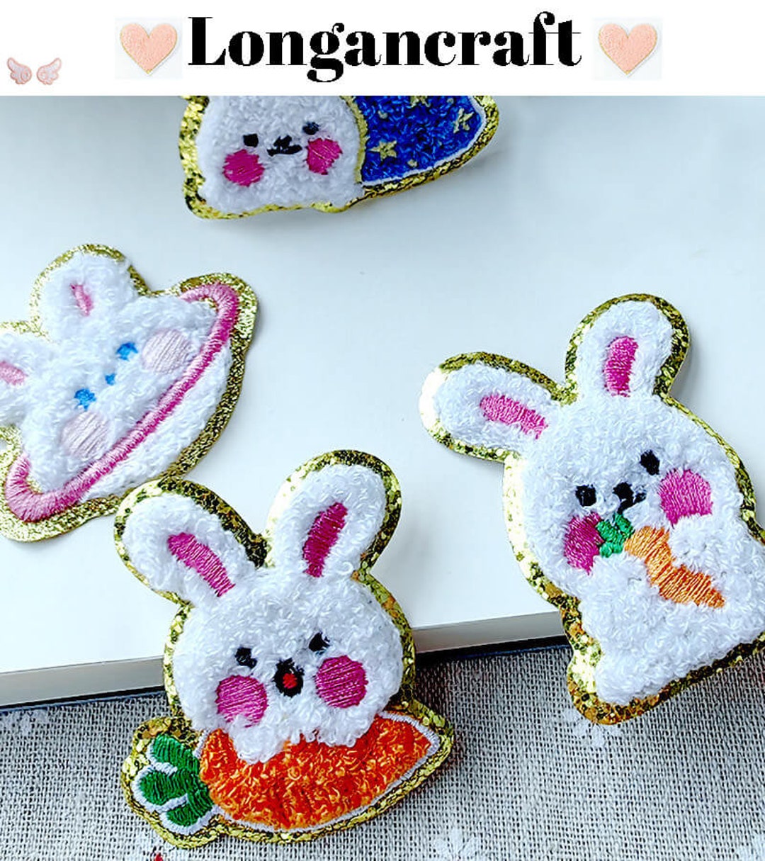 2pcs Cute Rabbit Chenille Embroidery Patch, Glitter Bunny Embroidered ...