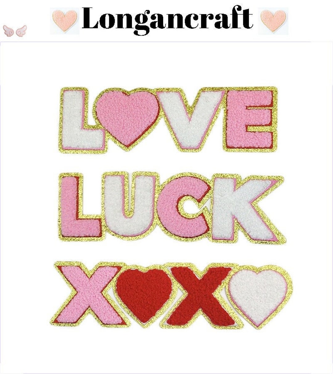 Pink Chenille Patch, Love Patch, Heart Letter Patch, Gold Glitter ...