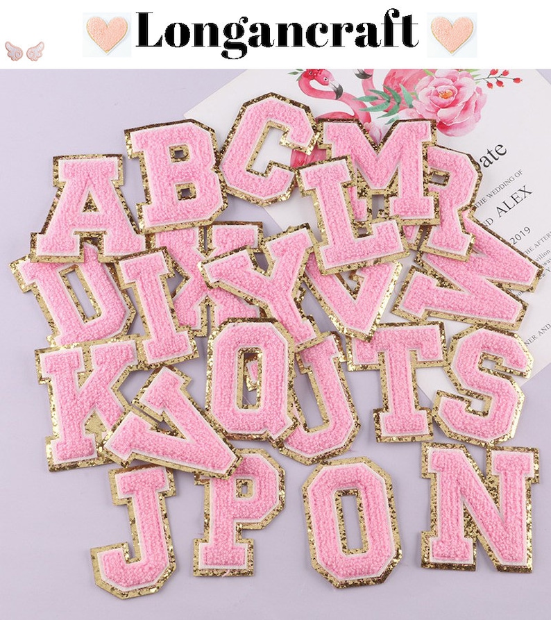 Pink Letter Chenille Embroidered Patch, 3.1 Inch Gold Glitter Iron on ...