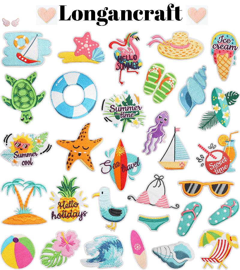 Summer Iron on Embroidered Patches, Beach Embroidery Applique, Palm ...