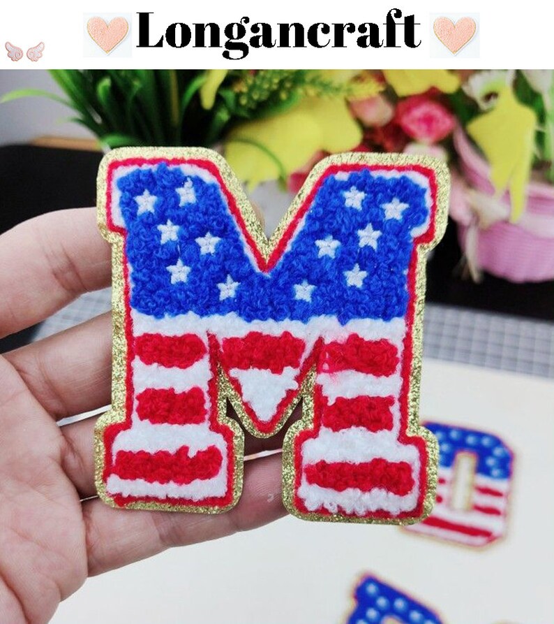 3.1 Inch USA Flag Letter Chenille Patch, Glitter Embroidered Iron on ...