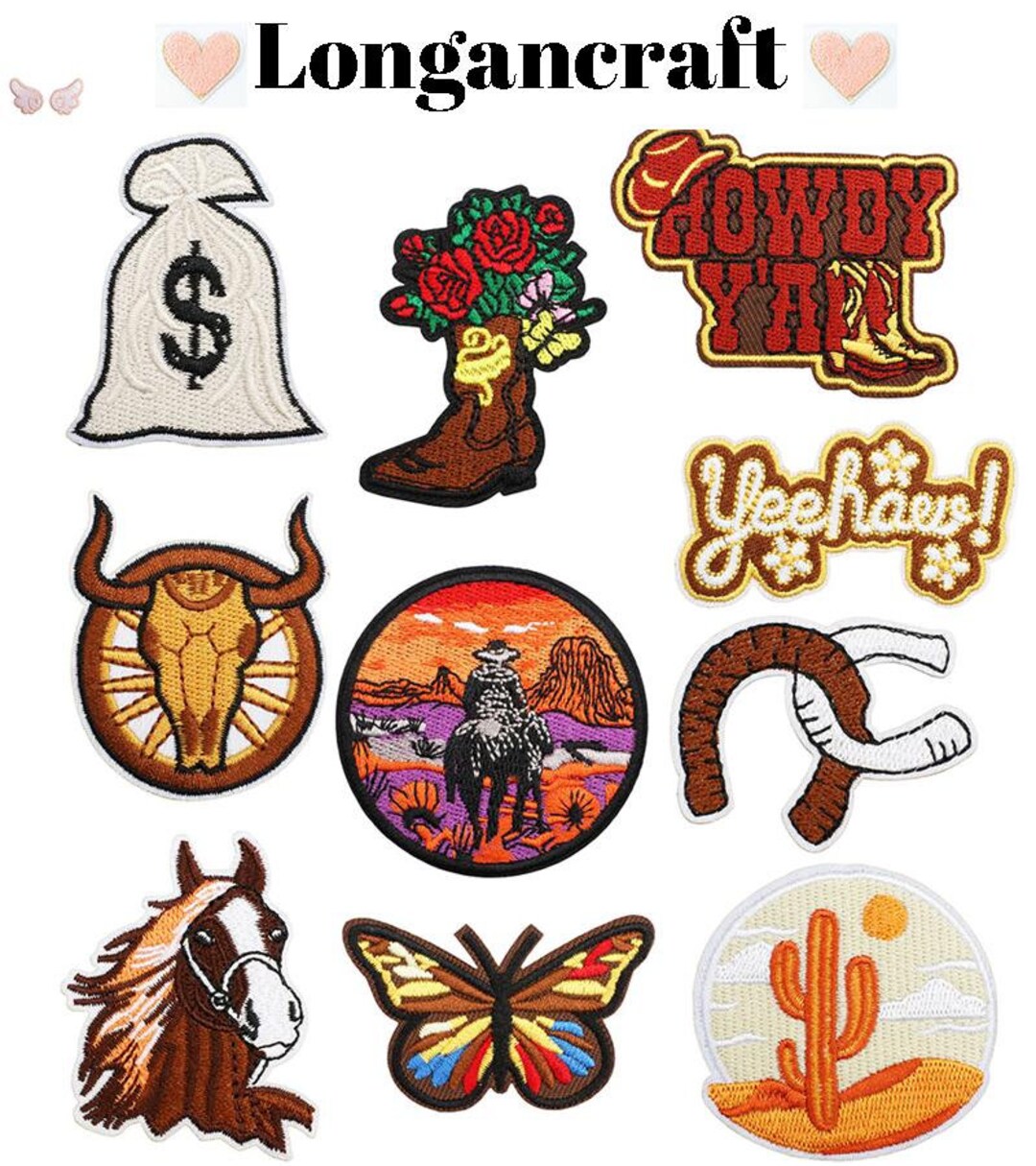 Western Cowboy Embroidered Patch, Cow, Cactus, Horse, Boots, Sunset ...