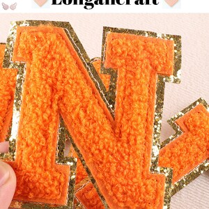 Letter Chenille Embroidered Patch, Orange 3.1 Inch Gold Glitter Iron on Patch, DIY Name Patches ...