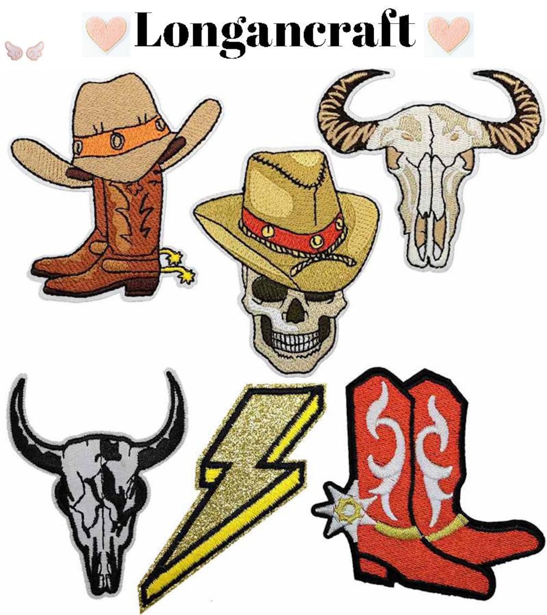 Cowboy Embroidered Patch, Skull Cowboy, Cow, Lightning, Boots Patches ...
