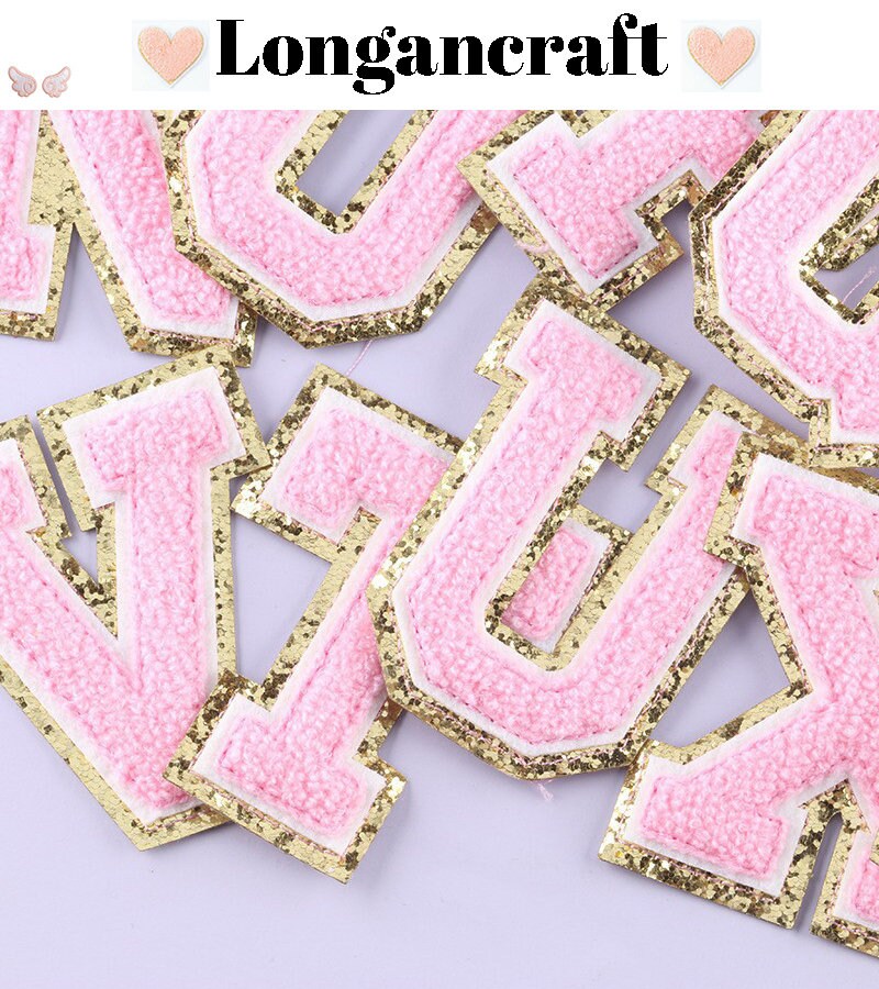Pink Letter Chenille Embroidered Patch, 3.1 Inch Gold Glitter Iron on ...